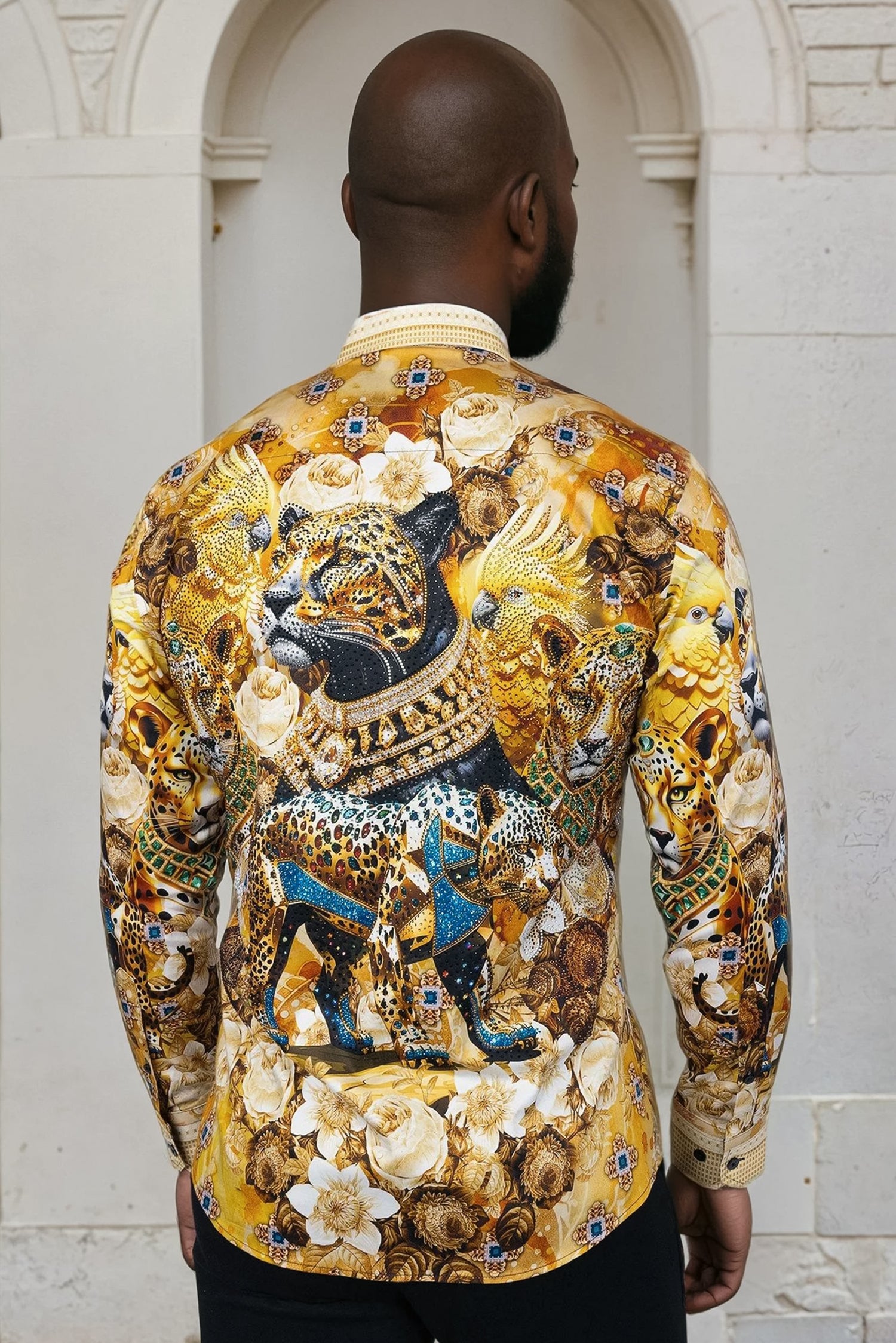 Barabas Men's Rhinestone Panther Cheetah Long Sleeve Shirts 4SPR09