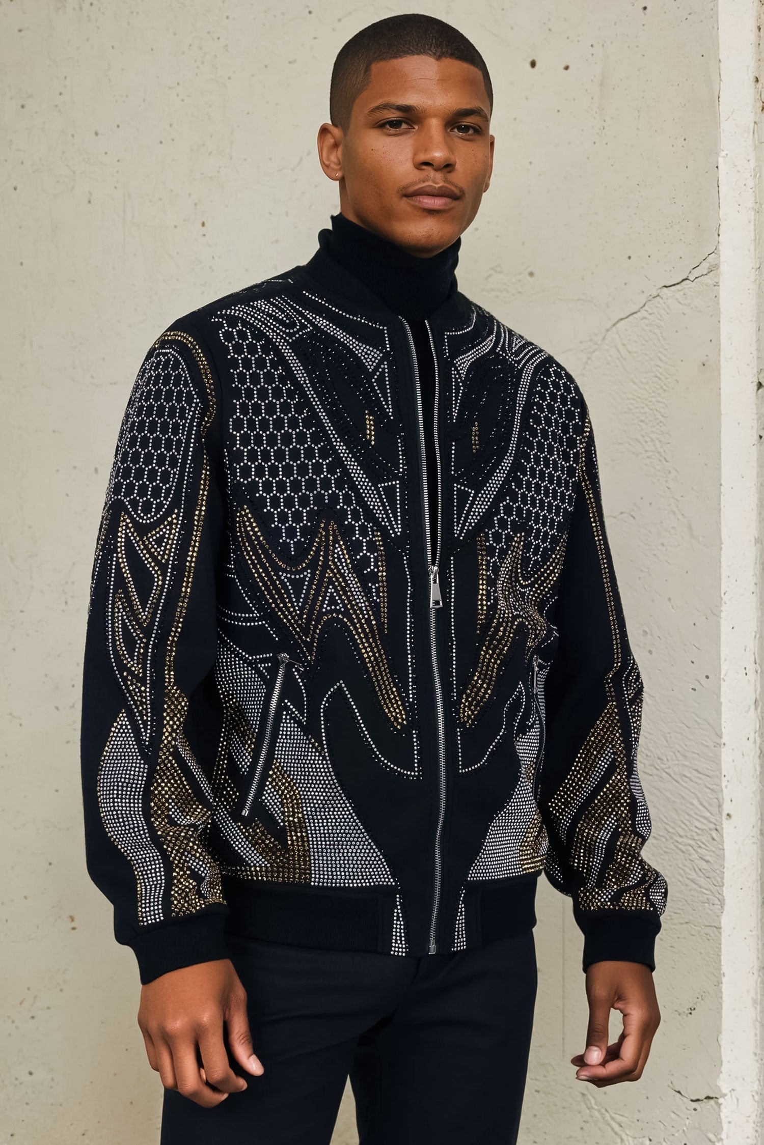 BARABAS Men's Geometric Rhinestone Luxury Bomber Biker Jacket 5BP01