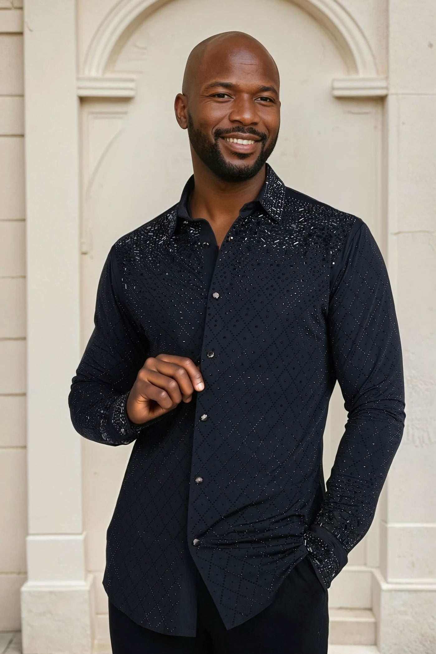 Barabas Men's Rhinestones Geometric Stretch Long Sleeve Shirts 5BR20