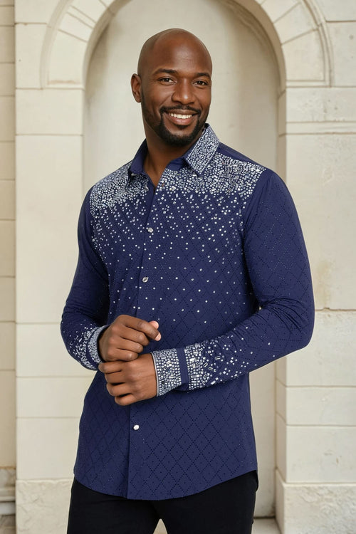 Barabas Men's Rhinestones Geometric Stretch Long Sleeve Shirts 5BR20
