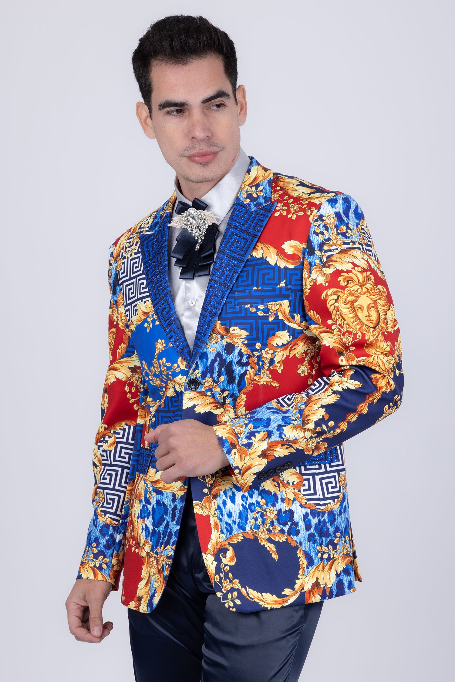 BARABAS Men's Greek Pattern Floral Rhinestone Baroque Blazer JSP201
