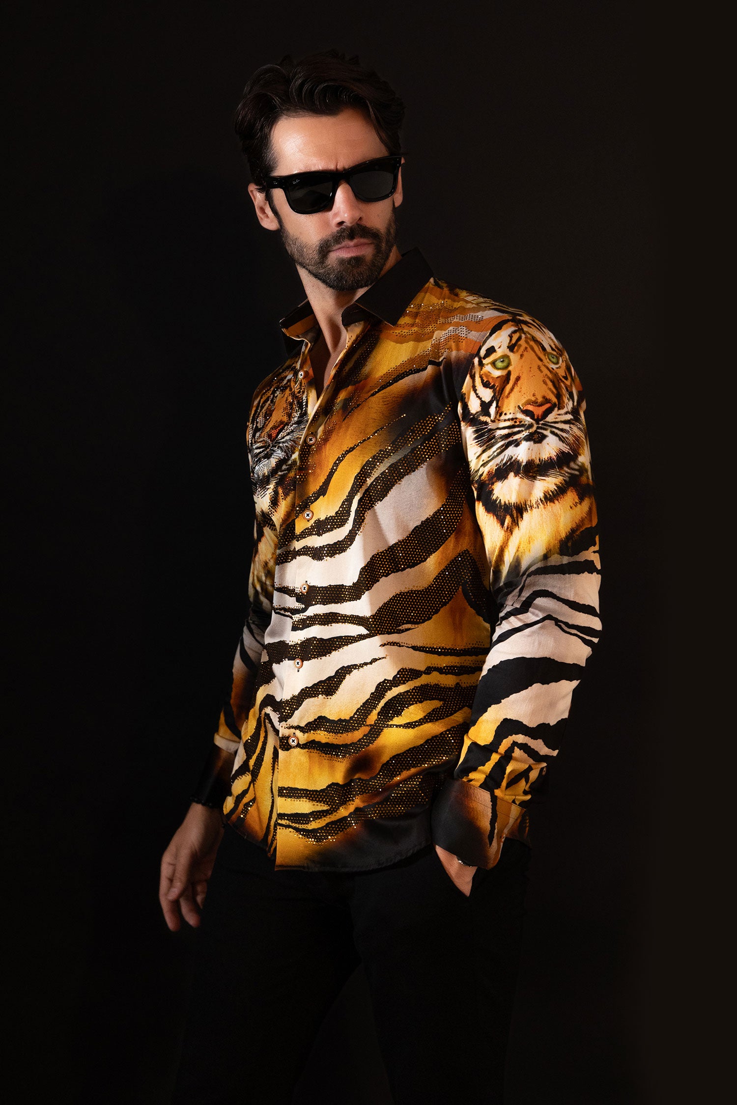 Barabas Men's Rhinestone Tiger Scratch Prints Long Sleeve Shirt SPR11